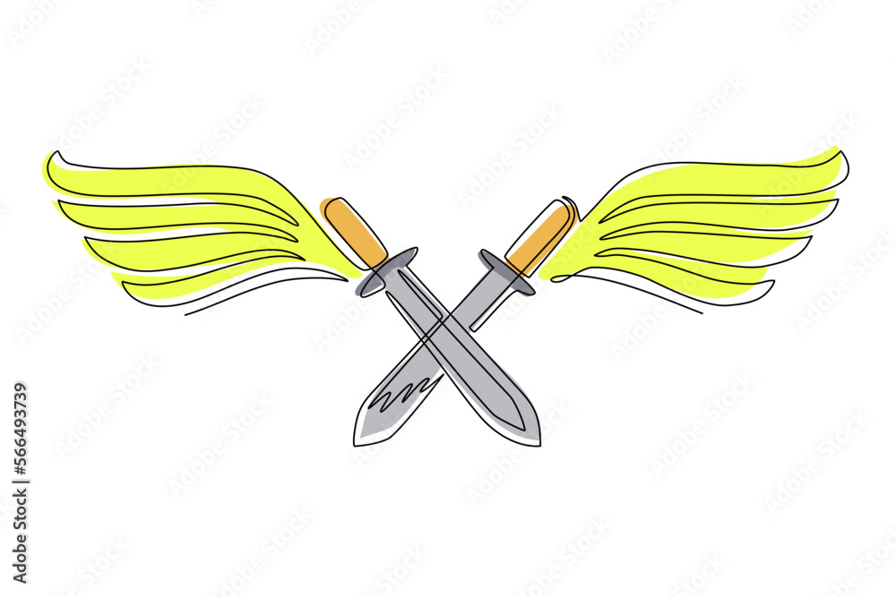 Single one line drawing flying two crossed swords. Weapon of medieval ...