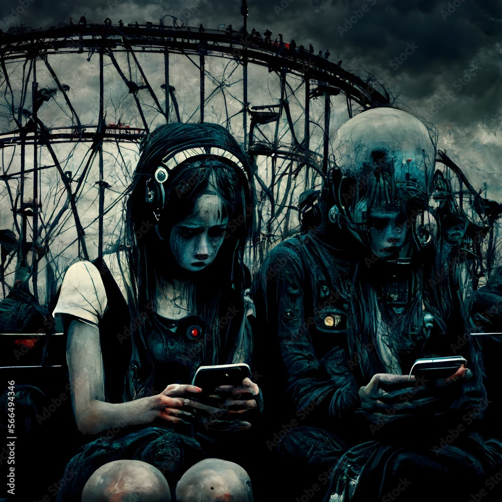 gothic acid rain theme park sad cyborg teens staring at their mobile ...