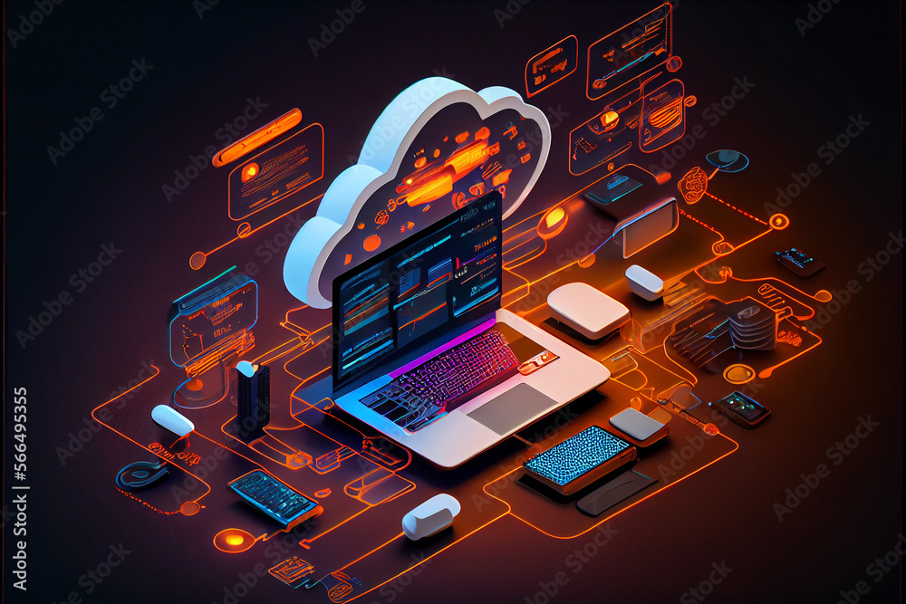 Cloud technology, computing. Devices connected to digital storage in ...