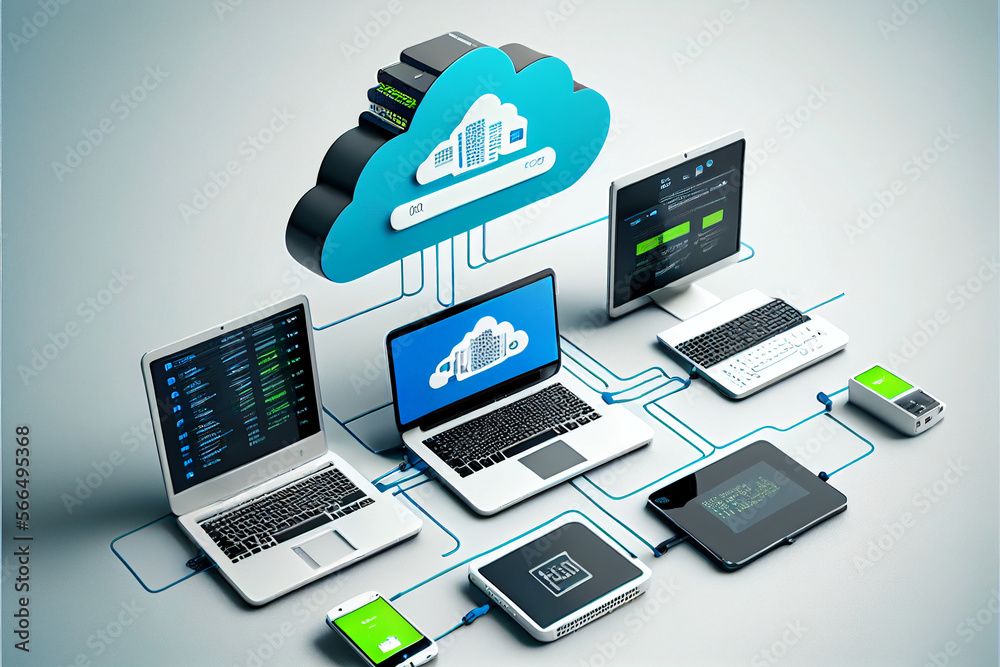 Cloud technology, computing. Devices connected to digital storage in ...
