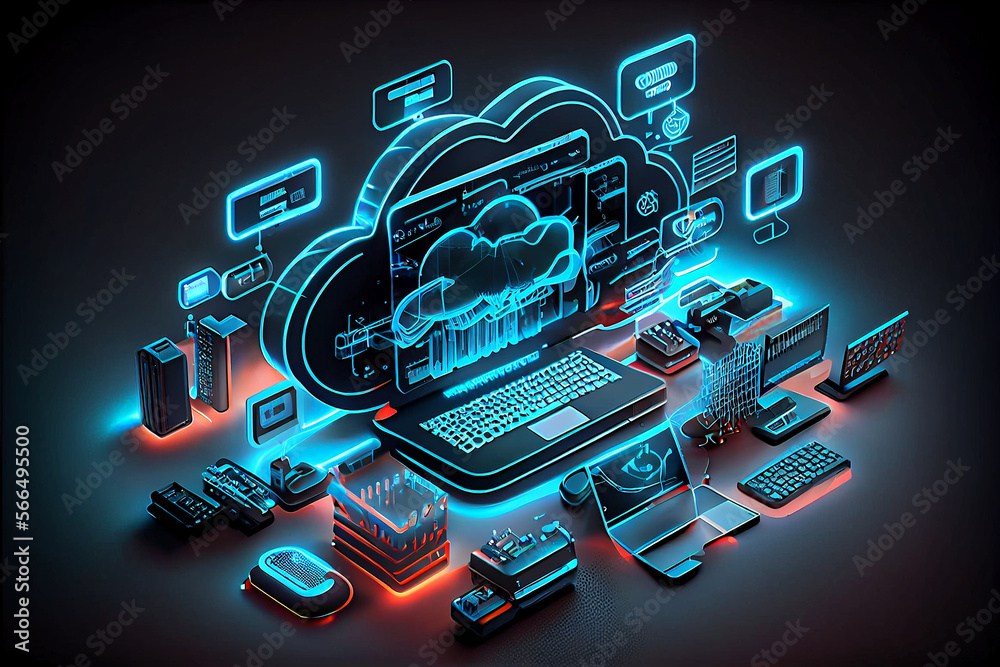 Cloud technology. Cloud computing. Devices connected to digital storage ...
