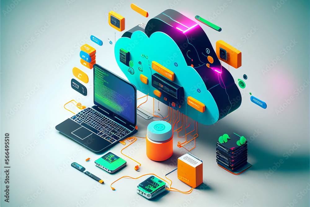 Cloud technology. Cloud computing. Devices connected to digital storage ...