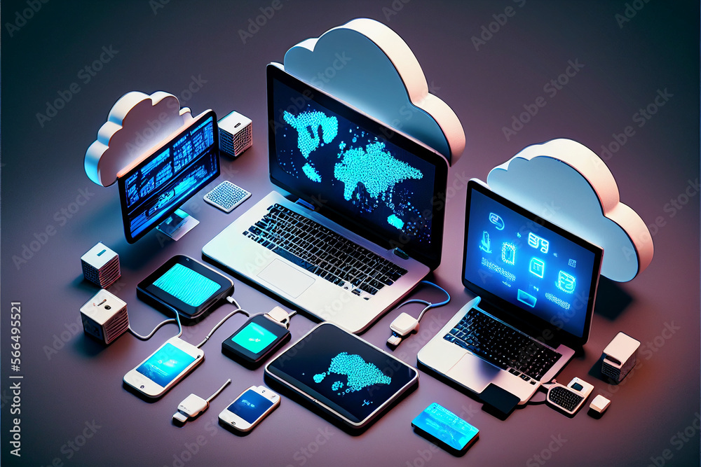 Cloud technology. Cloud computing. Devices connected to digital storage ...