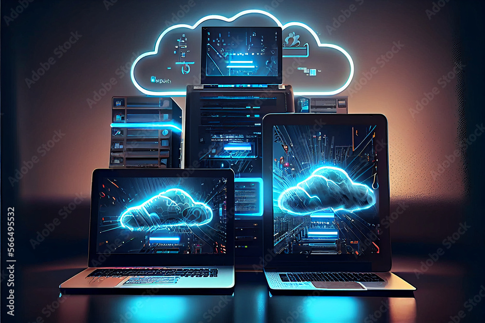 Cloud technology. Cloud computing. Devices connected to digital storage ...