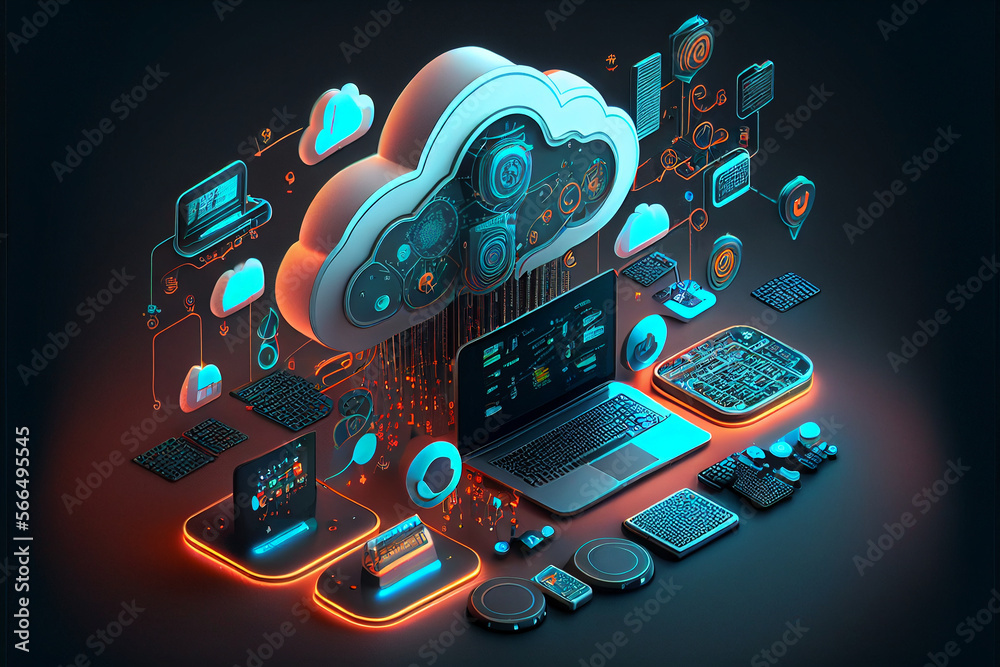 Cloud technology. Cloud computing. Devices connected to digital storage ...
