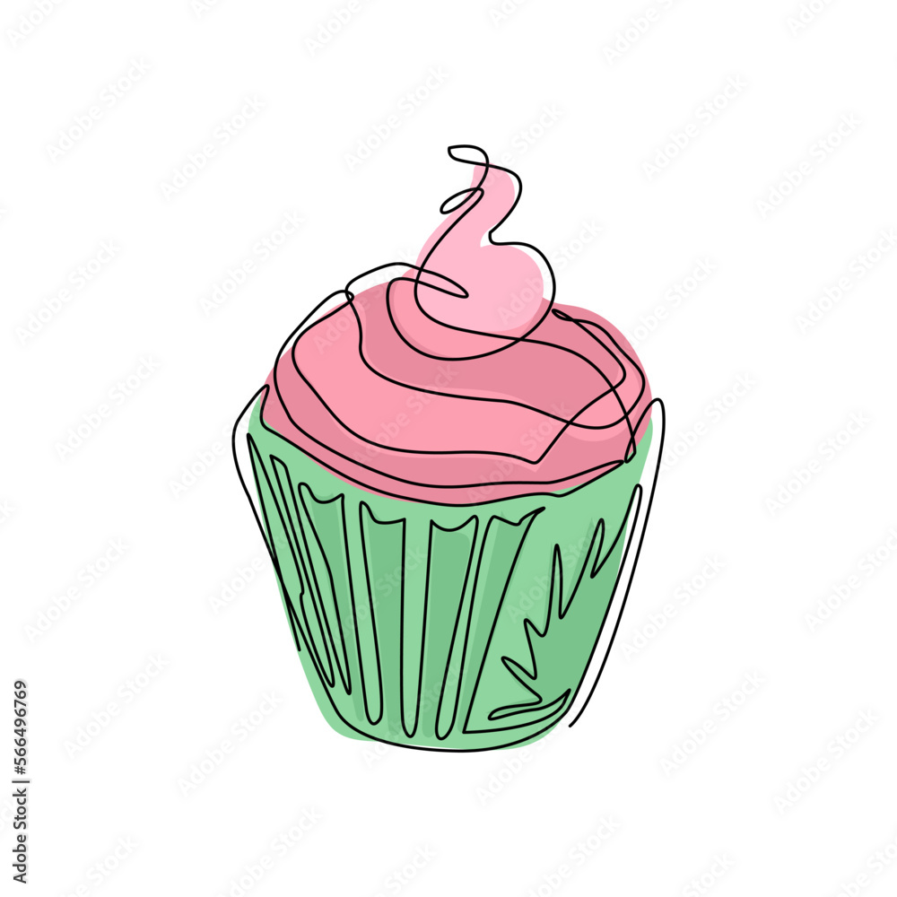 Continuous one line drawing cupcake with cream and cherry logo. Hand ...