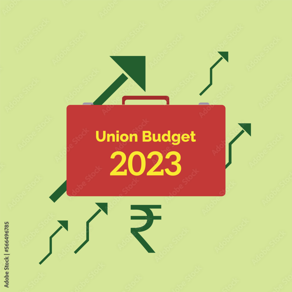 Union Budget 2023 India. Red suitcase and up market arrows with rupee ...
