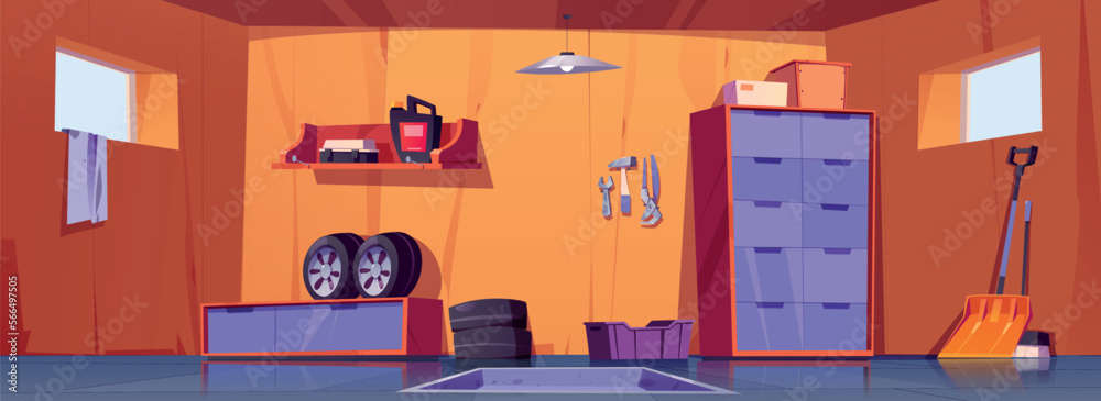 Garage or workshop interior with repair tools and car tyres. Empty ...