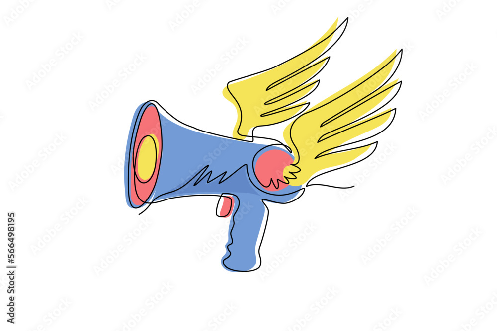Continuous one line drawing megaphone with wings is flying. Winged logo ...