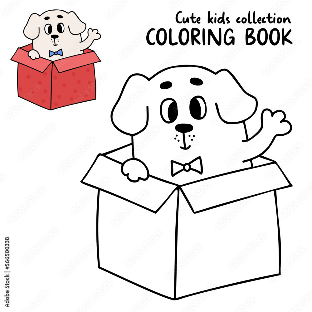 Cute dog with gift box waving paw. Vector illustration. Cute kids ...