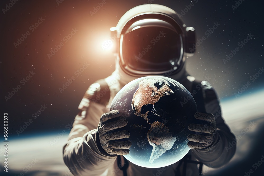 An astronaut holding planet earth in the hands. Dark creative ...