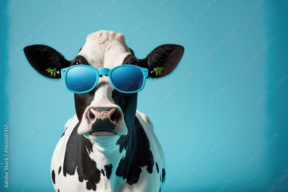Funny cow with sunglasses in front of blue studio background - AI ...