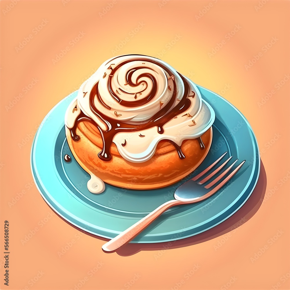 cartoon illustration of a delicious cinnamon bun on a plate as a ...