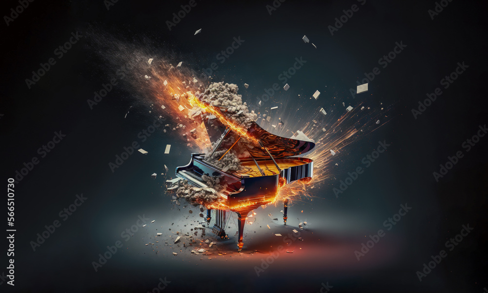 Photo & Art Print Exploding grand piano bursting with fire and smoke ...