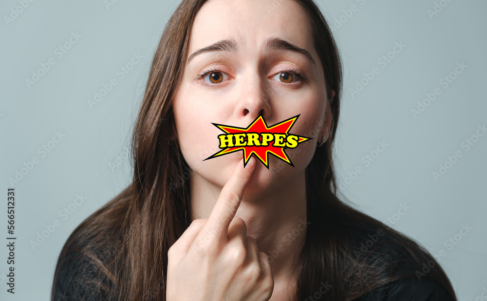 Virus herpes on lips. Pop art. Unhappy woman shows on painful swollen ...