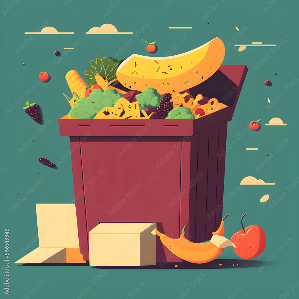 A cartoon illustration of food in perfect state in a dumpster ...