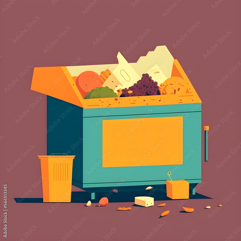 cartoon illustration of food in perfect state in a dumpster ...