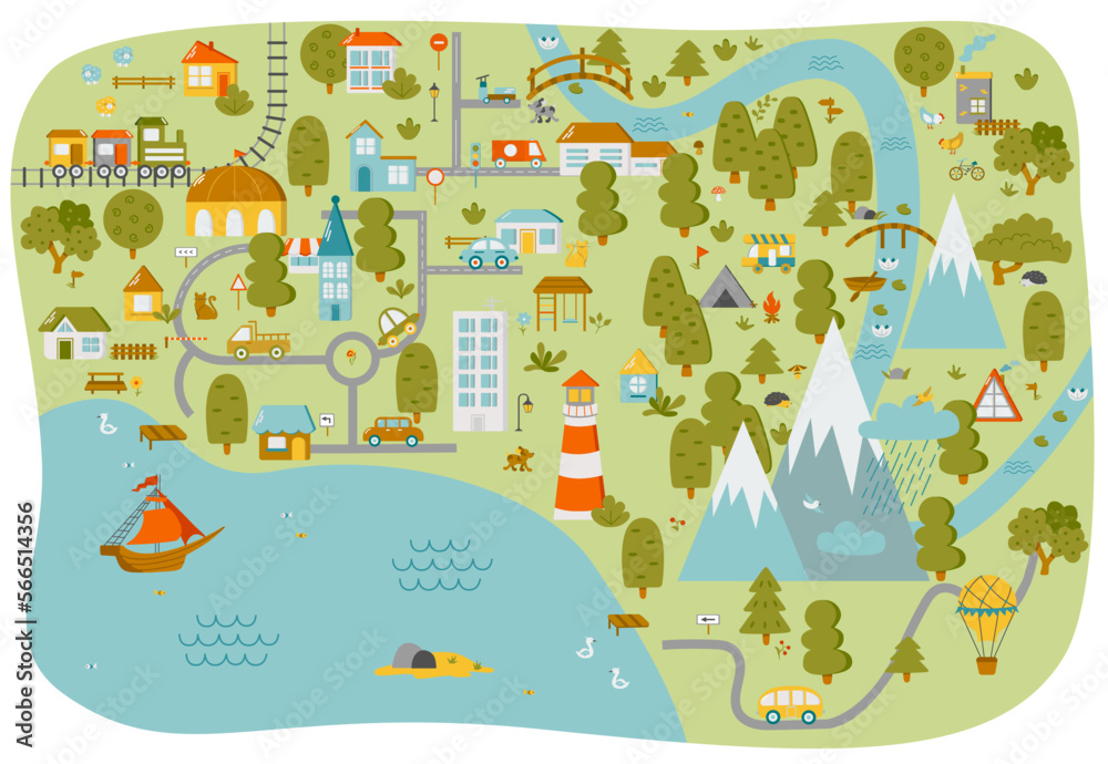 Cute town map for kids room. Landscape with lot details. Vector ...