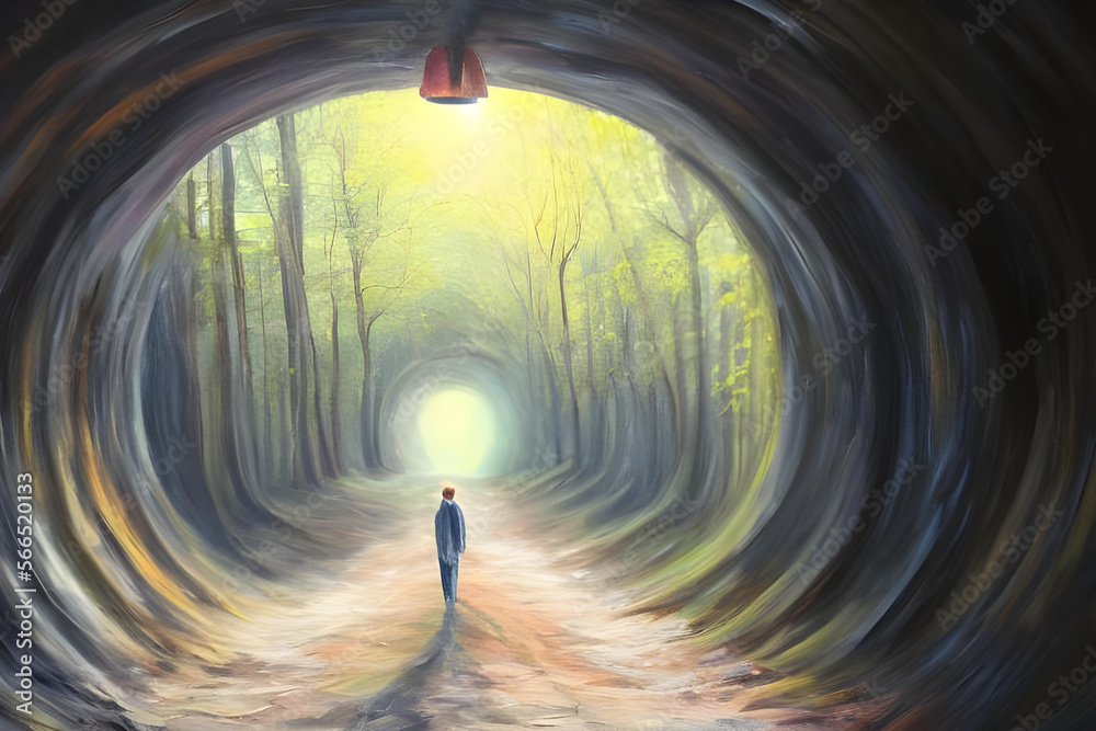 person in a tunnel. man walking in a tunnel. light at the end of the tunnel. state of mind ...