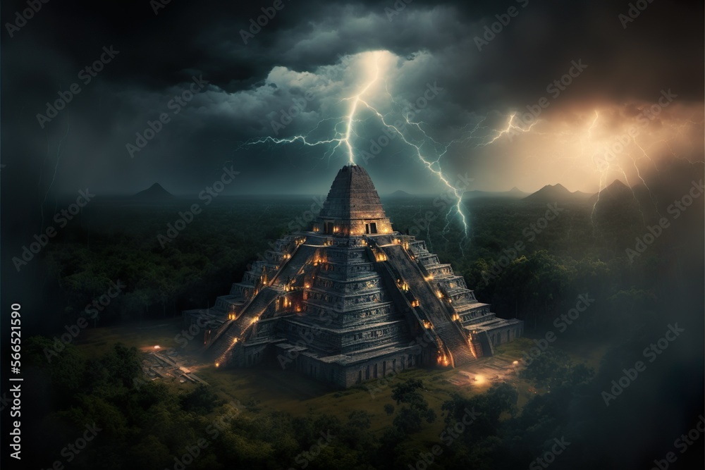 Tikal pyramid as a power conduit, alien power plant ilustração do Stock ...