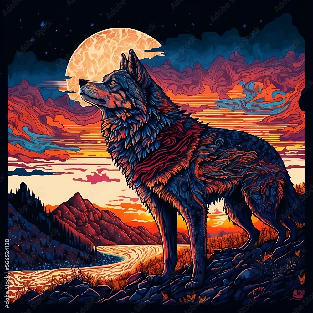 wolf howling at the moon - illustration, unique, colorful Stock ...