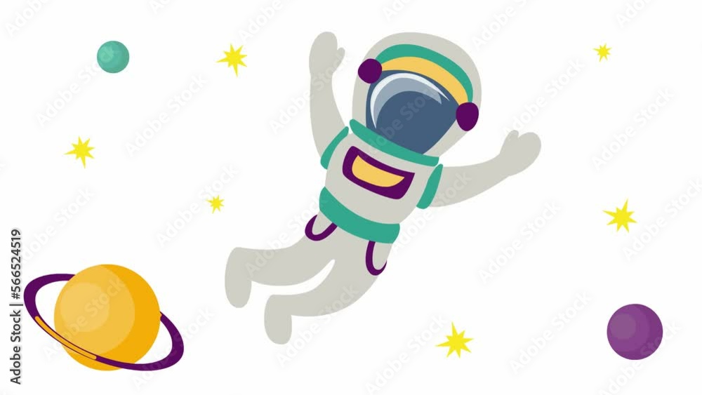 Animated cute astronaut with planets in the space. Spaceman flies among ...