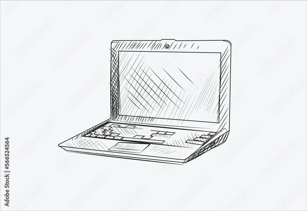 Hand-drawn sketch of a laptop computer. Notebook on a white background ...