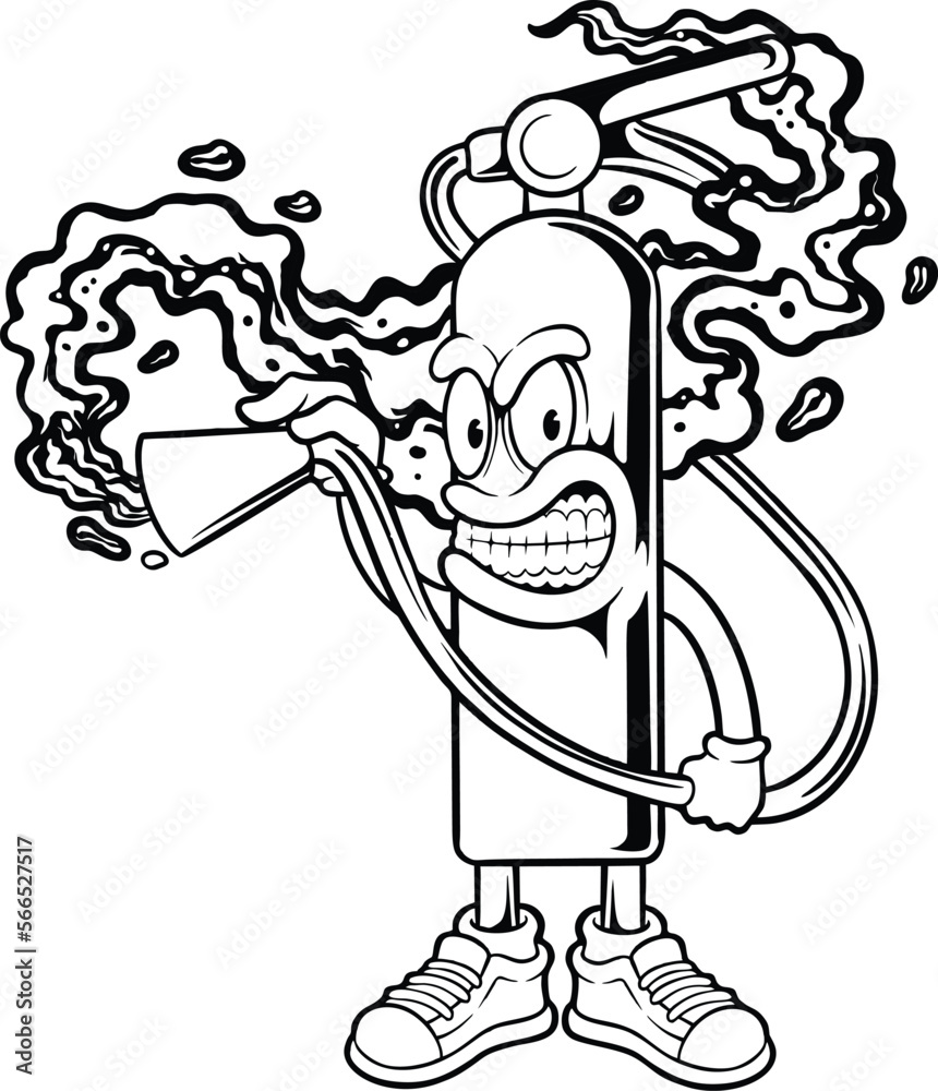 Funky angry fire extinguisher smoke effect outline vector illustrations ...