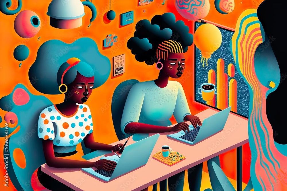 Simple 3d illustration in surrreal style of BIPOC people working on ...