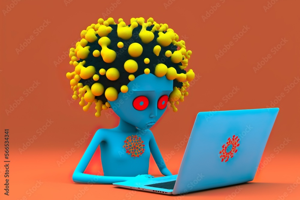 Person in the form of a virus typing on a computer. Simple 3d ...