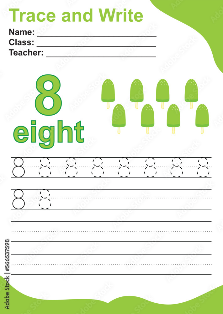 Number eight tracing practice worksheet with eight fruit ice cream for ...