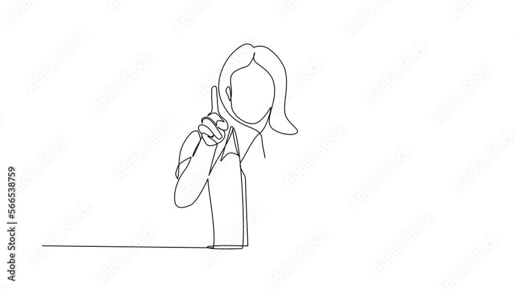 Animated self drawing of continuous line draw female pointing up finger ...