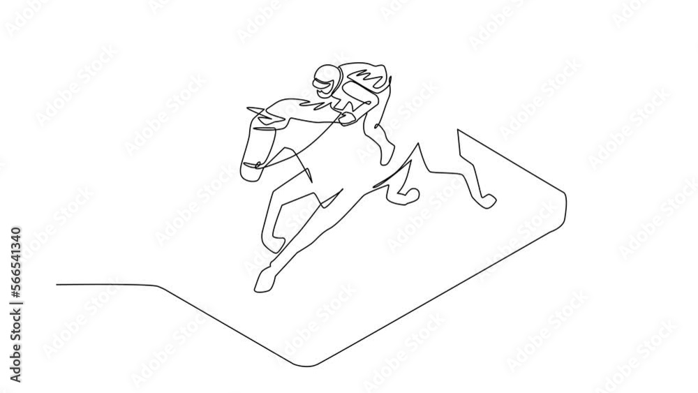 Animated self drawing of continuous line draw young man riding horse on ...