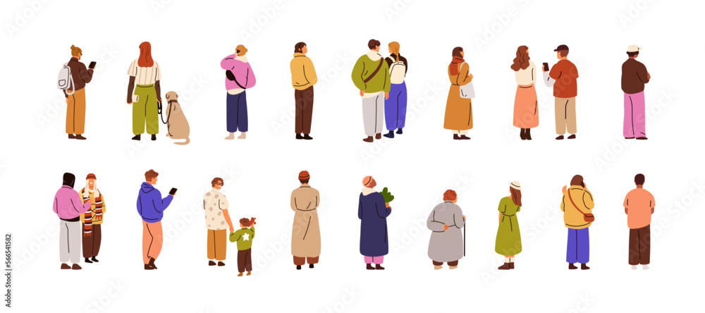 People standing set, rear view. Men, women backside. Behind human backs ...