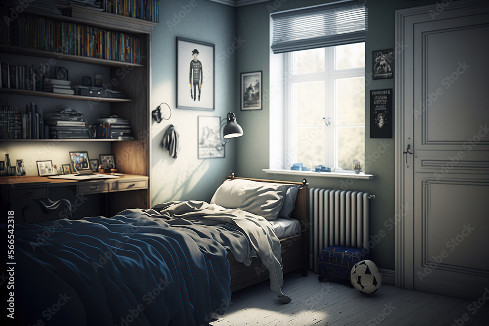 Designed teen boy bedroom. Generative AI illustration. Stock ...