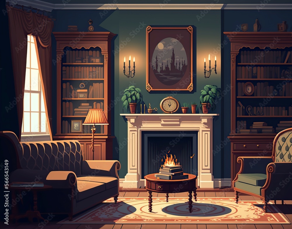 cartoon illustration, living room classic style, generative AI Stock ...