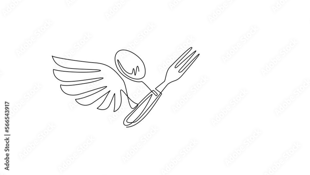 Self Drawing Animation Of Single Line Draw Fork Spoon With Wings Logo Icon Delicious Food
