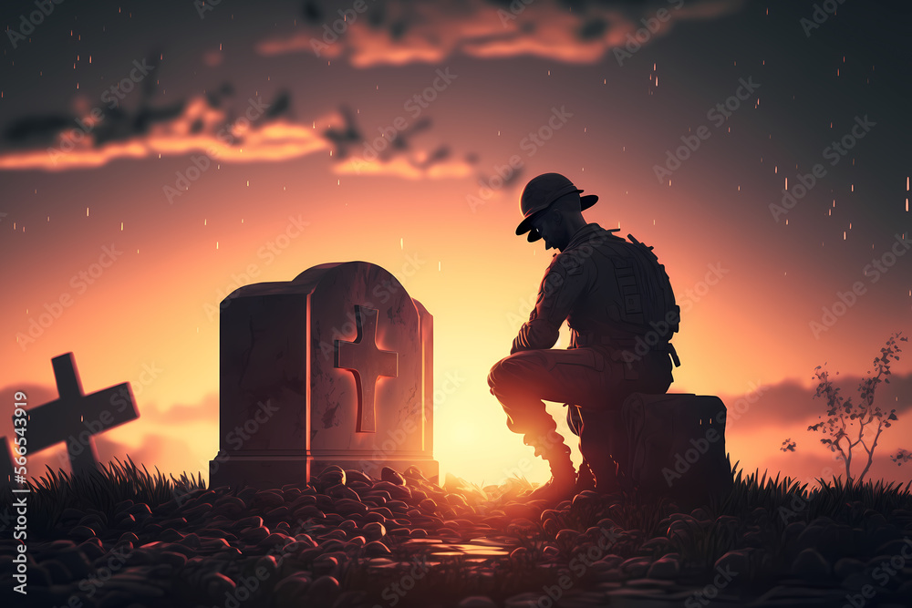 Military man kneeling of grave fallen soldier, sunset. Concept veteran ...
