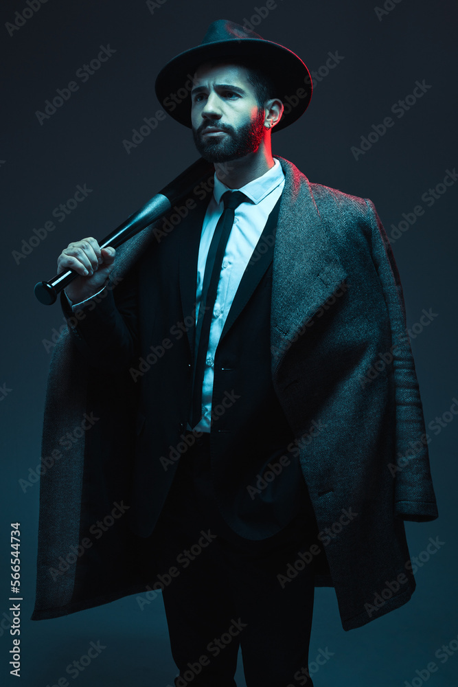 Fashion, criminal and man in studio with bat for vintage, retro and ...