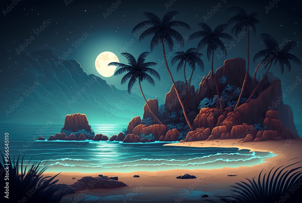 cartoon illustration, ocean beach with palm trees, trees and rocks in ...
