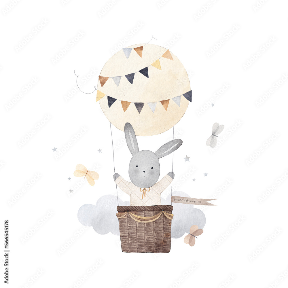 Funny bunny flies on balloons among clouds, stars, butterflies ...