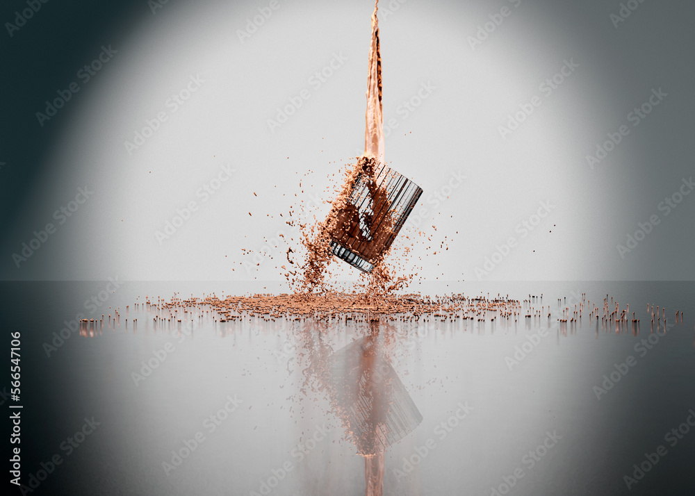Chocolate milk poured into ribbed levitating glass. Spillage, drops and ...