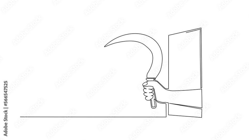 Single continuous line drawing hand holding farm sickle through mobile ...