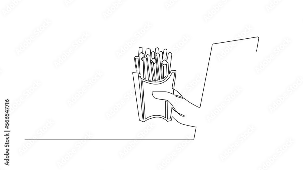 Animated self drawing of continuous line draw hand holding french fries ...