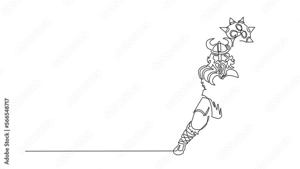 Animated self drawing of continuous line draw viking warrior swinging ...