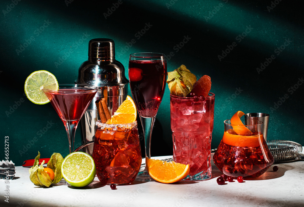 Red alcoholic cocktails set: kir royale, negroni, boulevardier ...