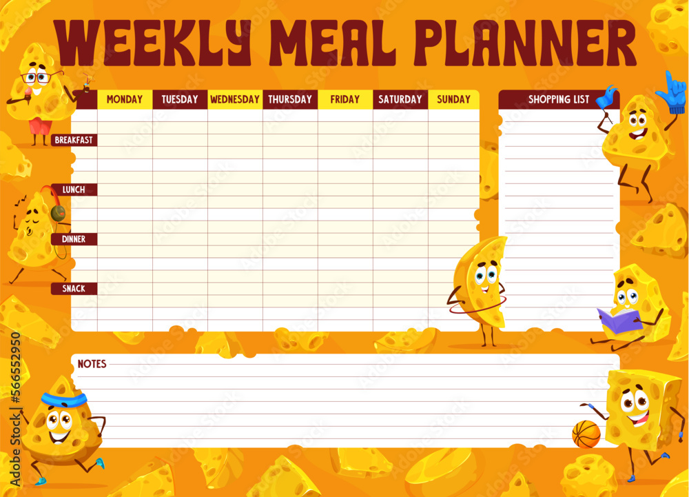 Weekly meal planner, cartoon maasdam and gouda cheese characters ...