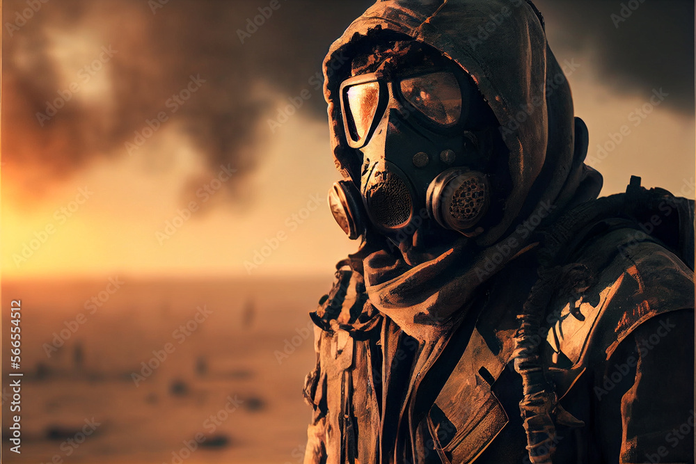 Environmental disaster. Post apocalyptic survivor in gas mask.Stalker ...