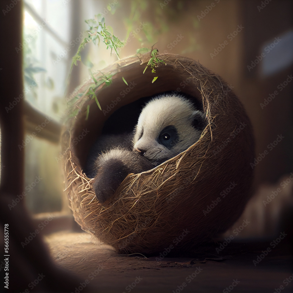 A cute Panda sitting in nest type chair, A panda is sitting in a home ...
