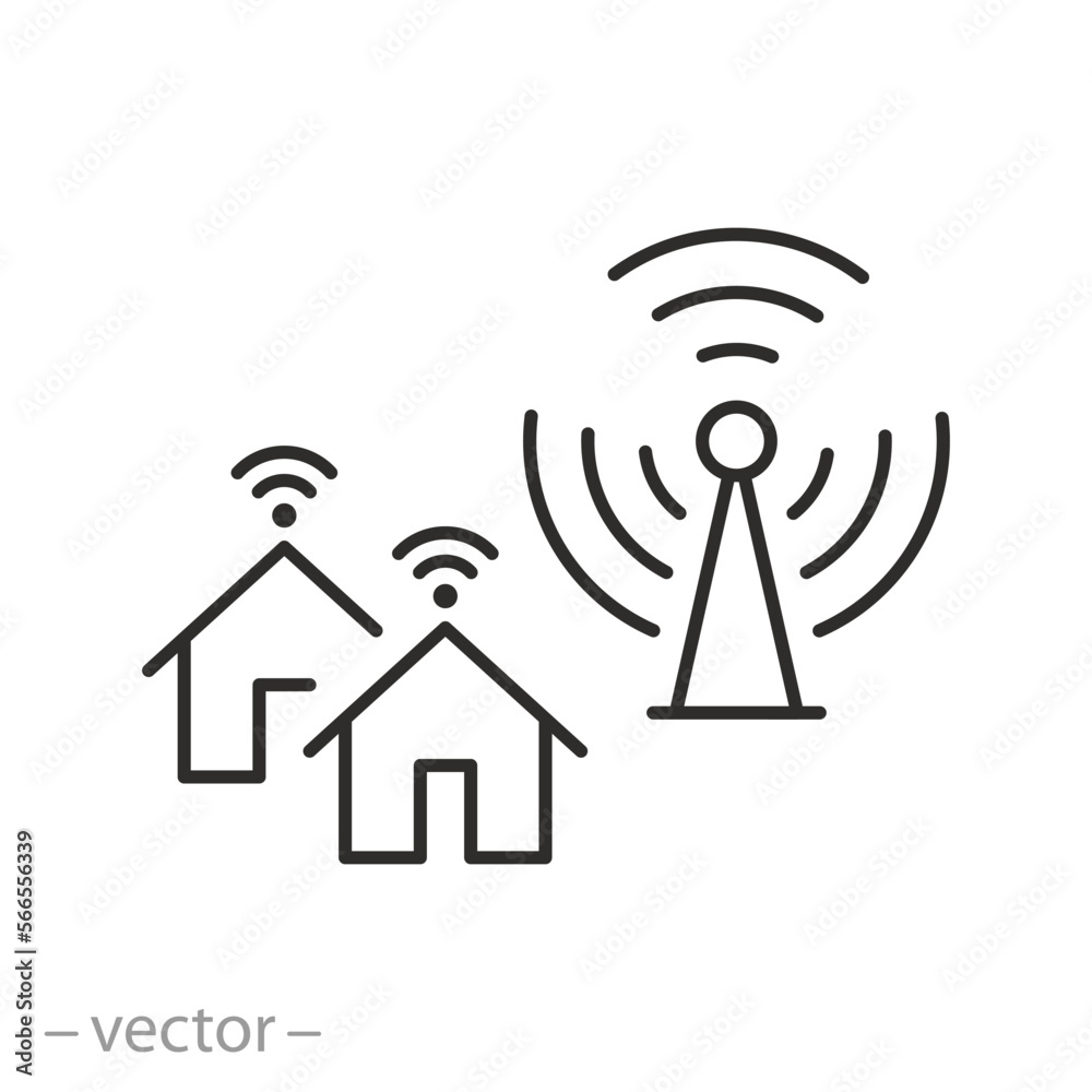 wireless home internet icon, telecommunication tower with village ...